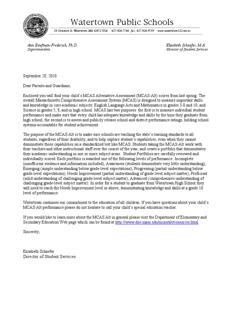 MCAS Letters 2010 | PDF | Adequate Yearly Progress | Standardized Tests