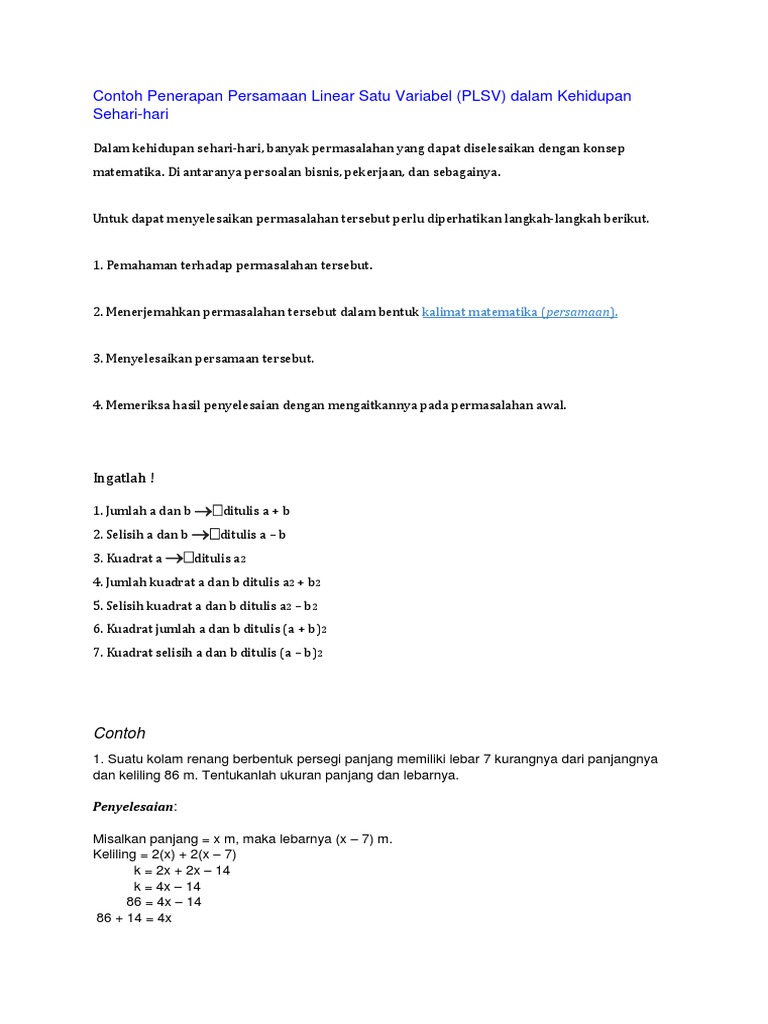 Persamaan Linear Satu Variabel Soal Cerita | PDF