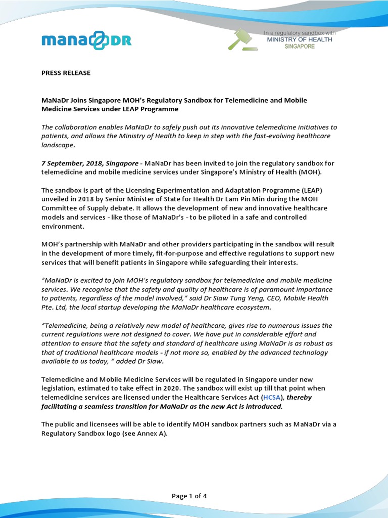 MaNaDr Joins Singapore MOH's Regulatory Sandbox For Telemedicine and ...