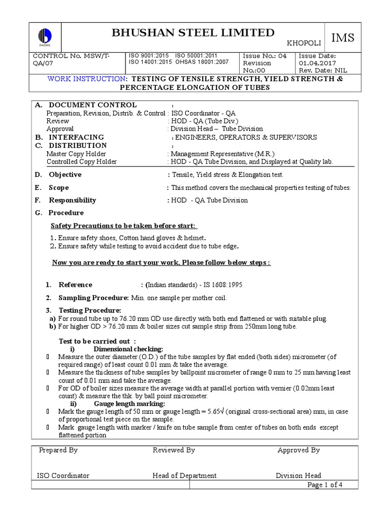 Work Instruction. - Tensile Testing NEW | PDF | Ultimate Tensile ...