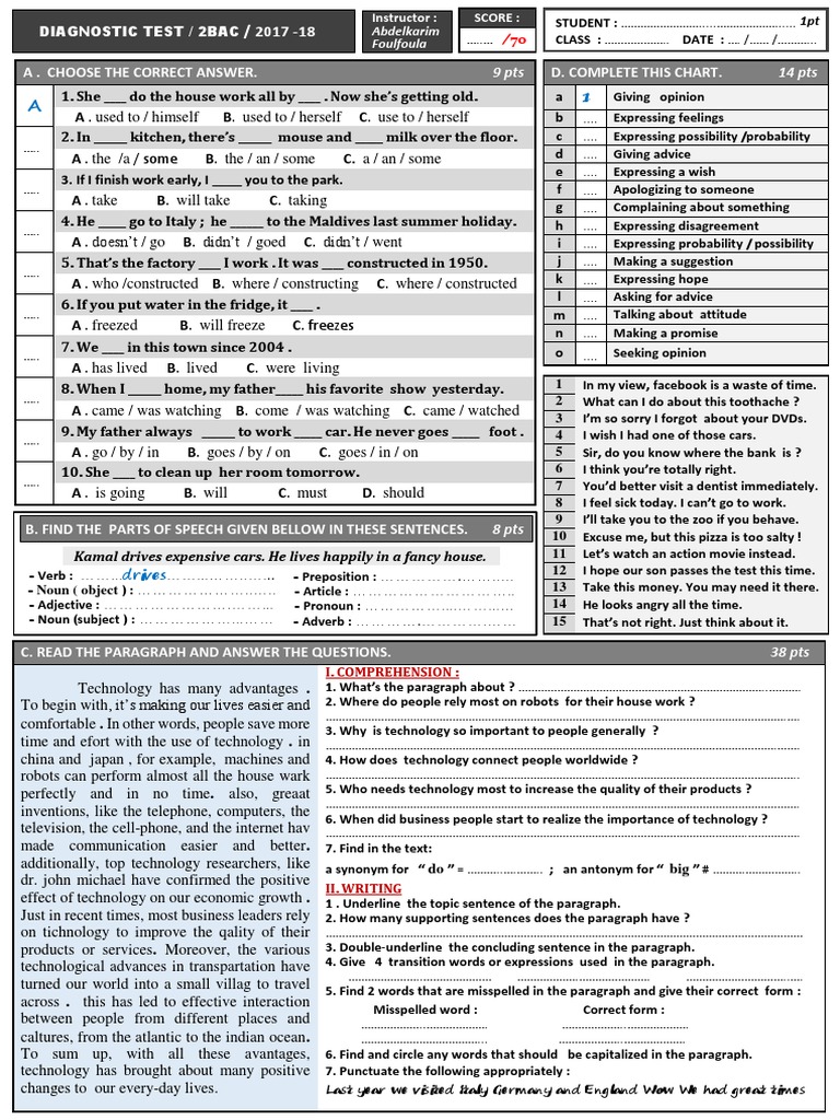 Diagnostic Test for 2nd Year Bac English | PDF | Part Of Speech | Syntax