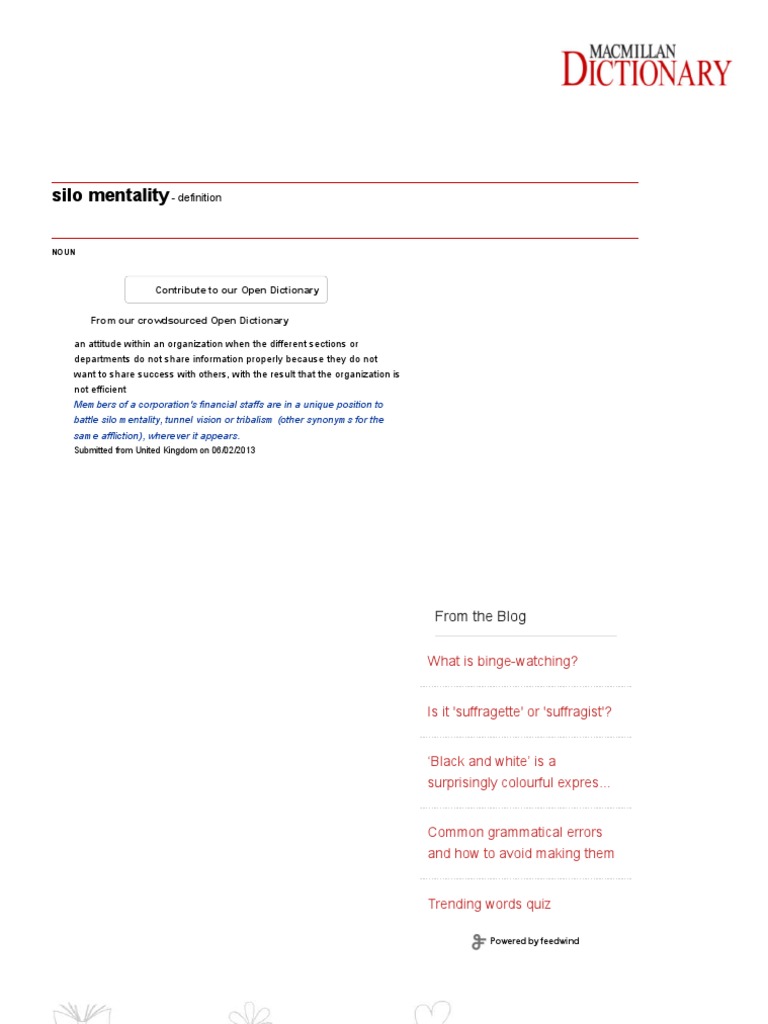 Silo Mentality (Noun) Definition and Synonyms - Macmillan Dictionary ...