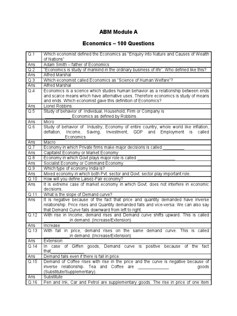 Economics Exam: 100 Questions & Answers | PDF | Demand | Government ...