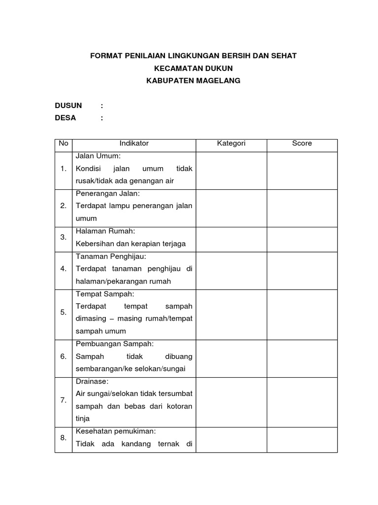 Format Penilaian Lingkungan Bersih Dan Sehat | PDF