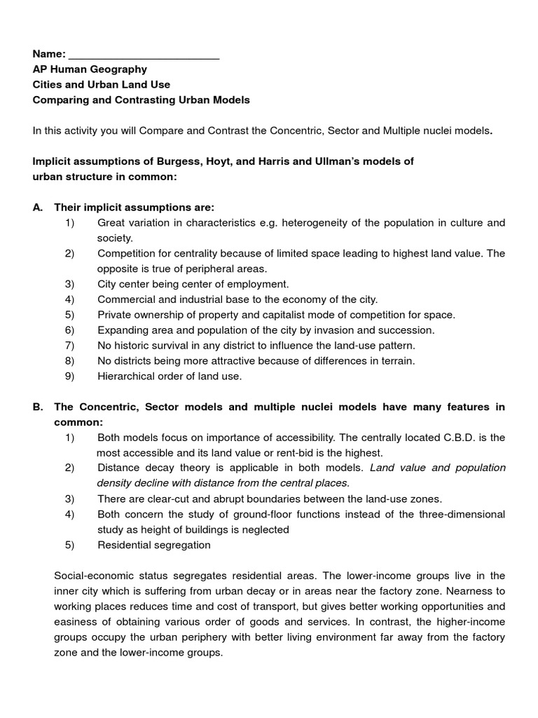 Compare and Contrast Urban Land Use Models PDF | PDF | City | Urbanization