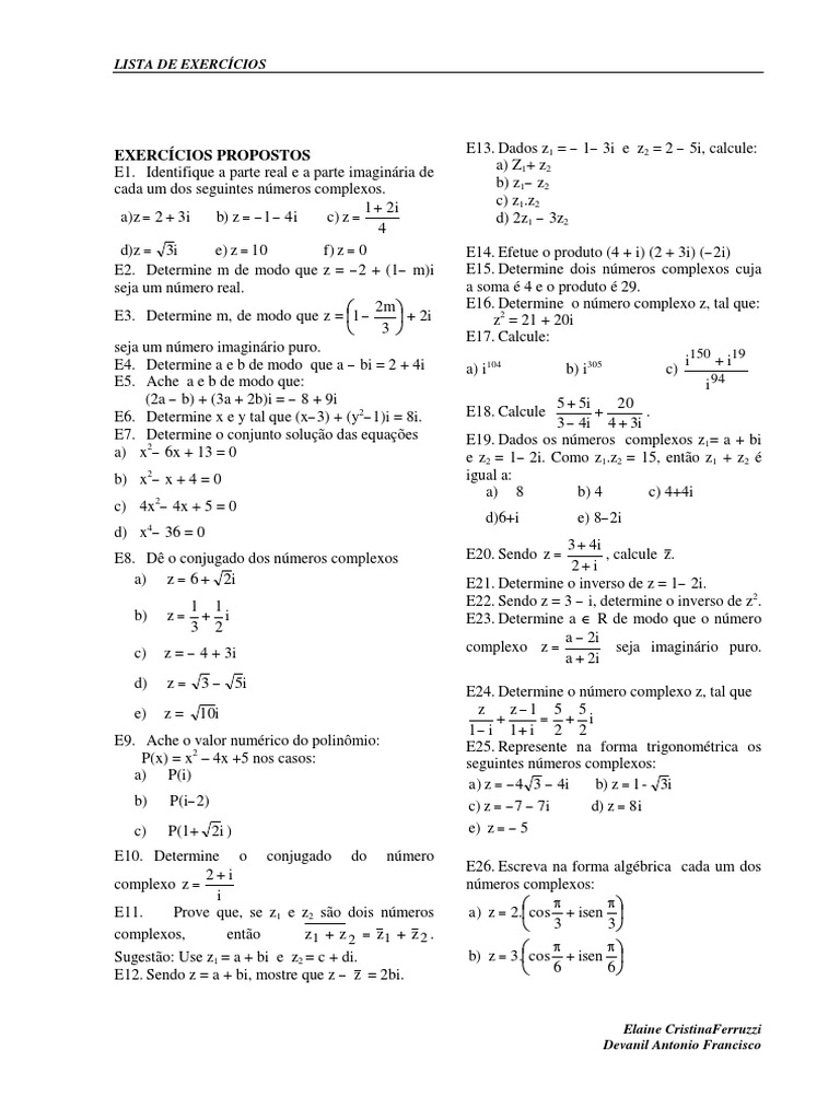 Numeros Complexos Exercicios | PDF | Número complexo | Álgebra