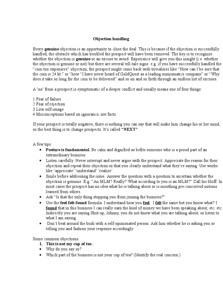 Objection - Handling | PDF | Multi Level Marketing