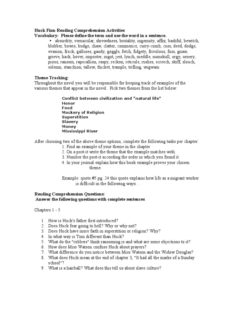 Huck Finn Reading Comprehension Activities | PDF | Huckleberry Finn