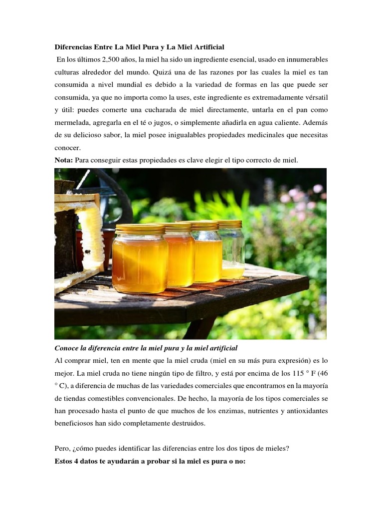 Diferencias Entre La Miel Pura y La Miel Artificial | PDF | Miel ...