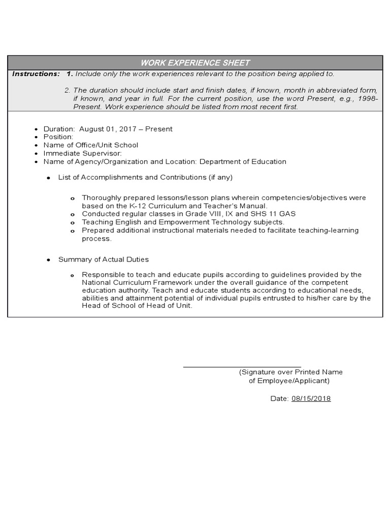 CS Form No. 212 Attachment Work Experience Sheet | PDF