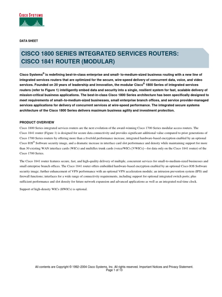 Cisco 1841 DataSheet | PDF | Router (Computing) | Virtual Private Network
