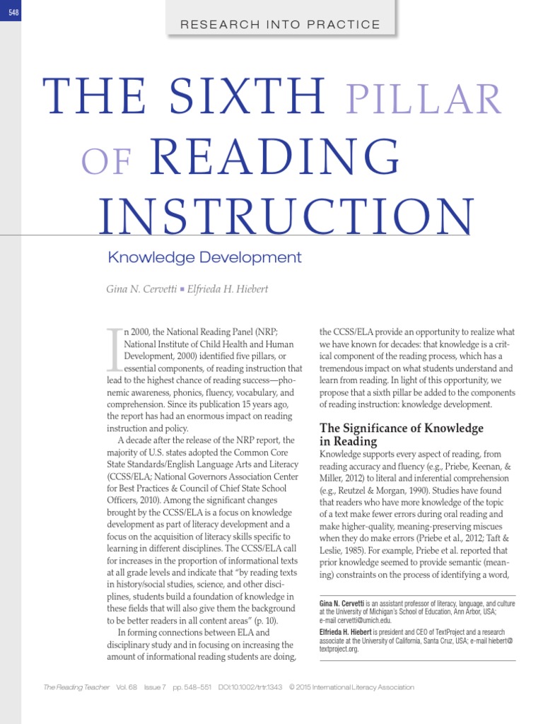 The Sixth Pillar of Reading Instruction | PDF | Reading Comprehension | Reading (Process)