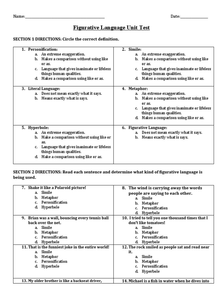 Figurative Language Unit Test | PDF | Metaphor