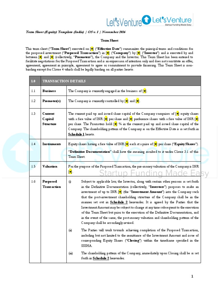 Term Sheet Equity | PDF | Stocks | Investor