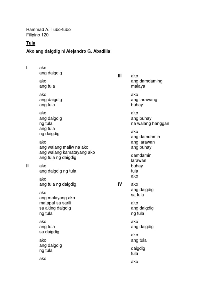 Tula Ako Ang Daigdig Ni Alejandro G. Abadilla | PDF