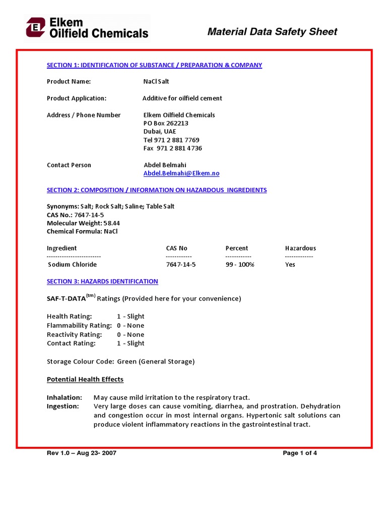 NaCl MSDS | Sodium Chloride | Personal Protective Equipment