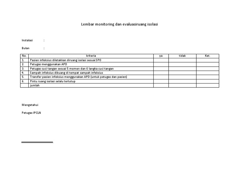 Lembar Monitoring Dan Evaluasiruang Isolasi | PDF