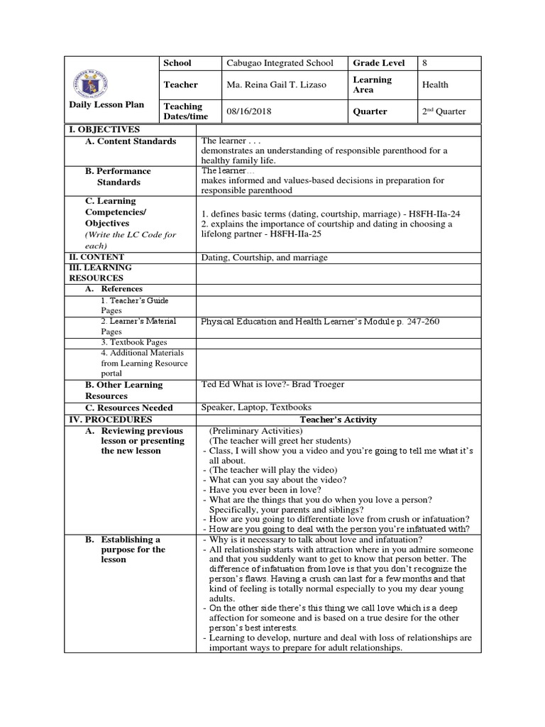 Daily Lesson Plan in Health Grade 8 - Courtship | PDF | Lesson Plan ...