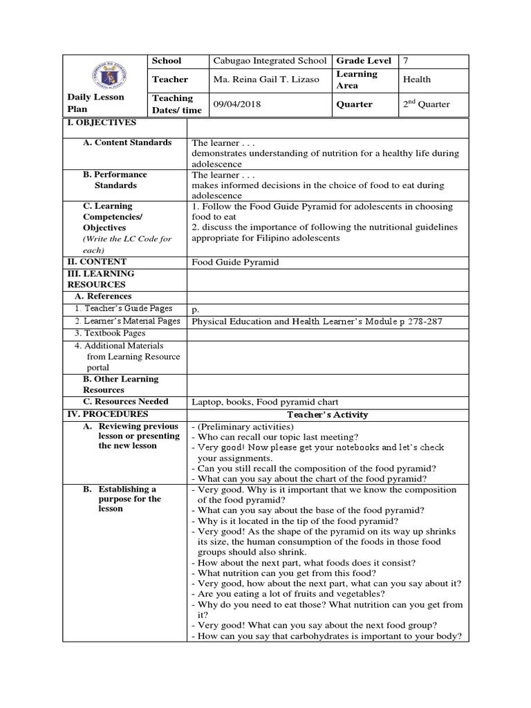 Grade 7 Food Pyramid Lesson Plan | PDF | Nutrition | Diet & Nutrition