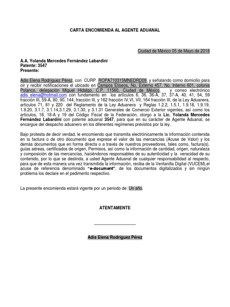 Carta de Encomienda Aduanal 2018 | PDF | Finanzas y dinero | Derecho