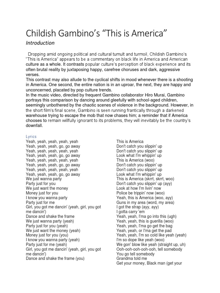 Childish Gambino's "This Is America": Lyrics | PDF | Leisure