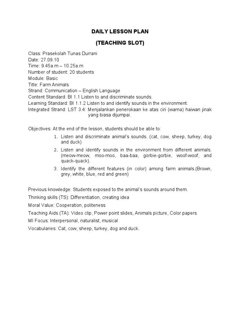Farm Animals Lesson Plan for Preschool | PDF | Semiotics | Learning