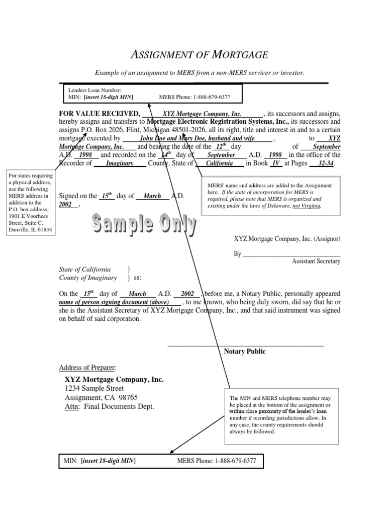 Mers Assignment Of Mortgage Example Pdf Mortgage Law Loans 7720