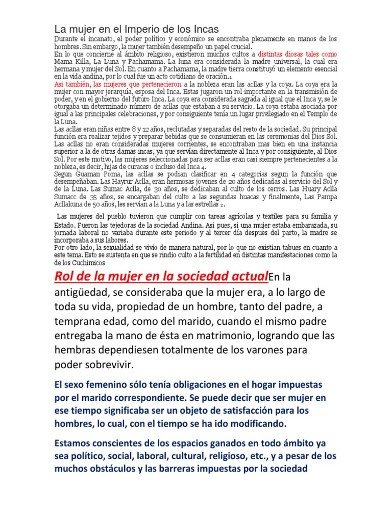 La Mujer en El Imperio de Los Incas | PDF | Mujer | Imperio Inca