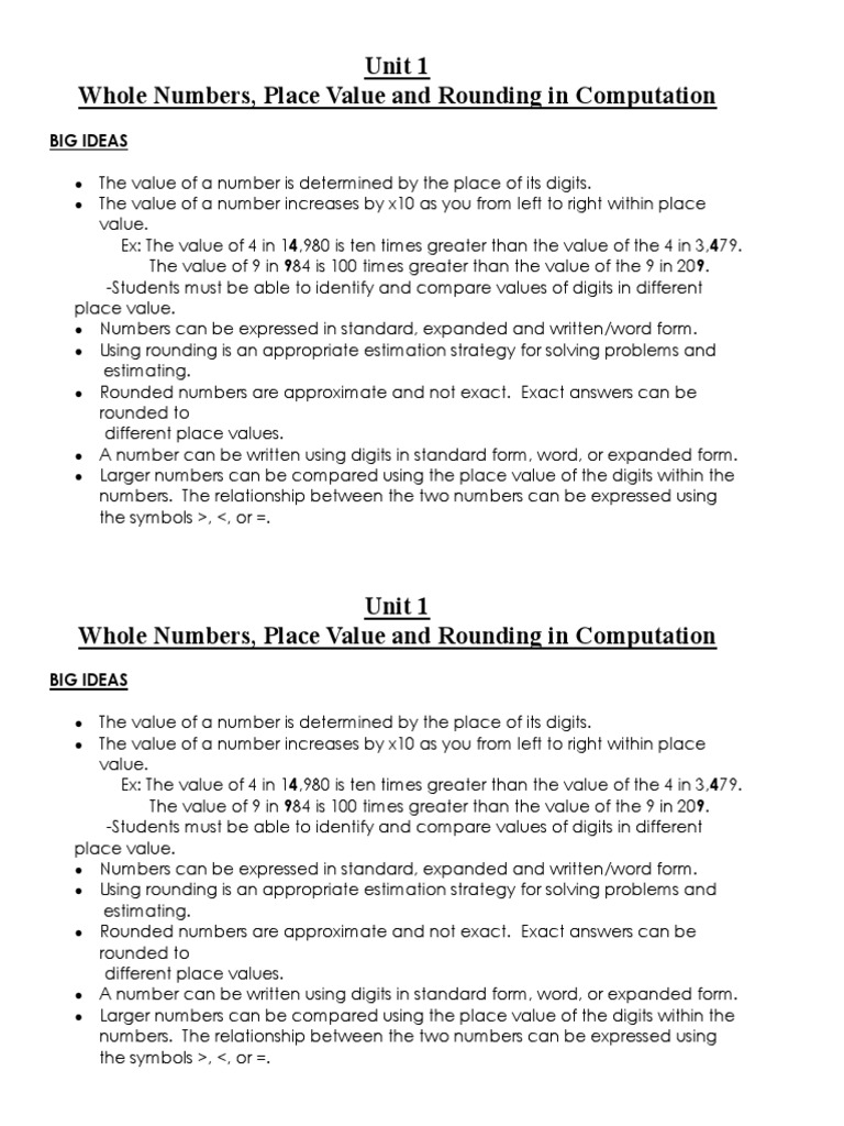 Unit 1 - Big Idea | PDF | Numbers | Teaching Mathematics