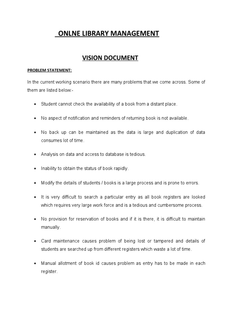 Onlne Library Management: Vision Document | PDF | Libraries | Librarian