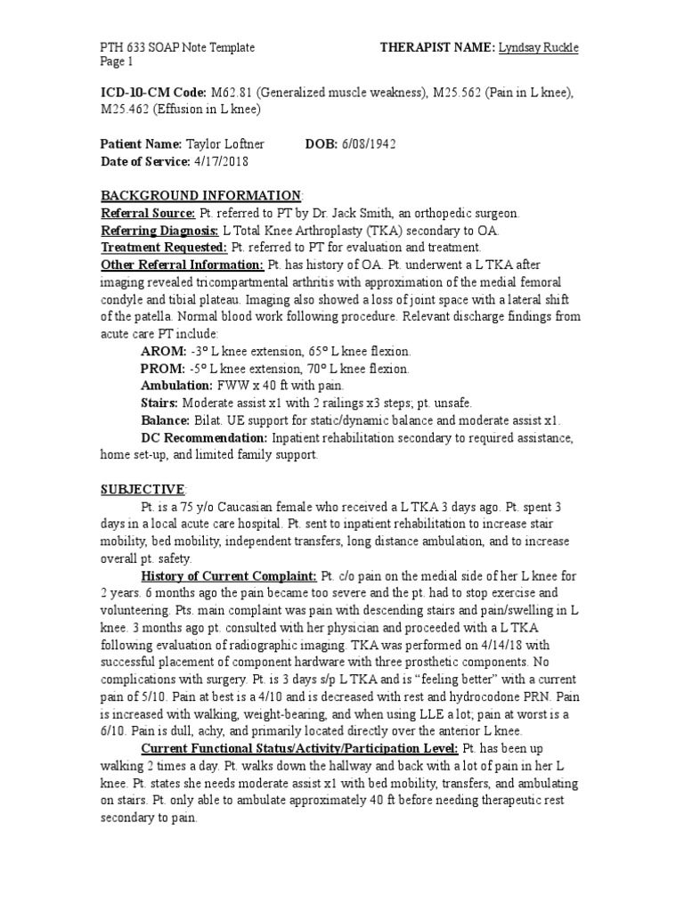 Soap Note Sub-Acute Tka | PDF | Knee | Anatomical Terms Of Motion