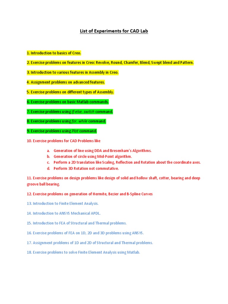 List of Experiments For CAD Lab | PDF