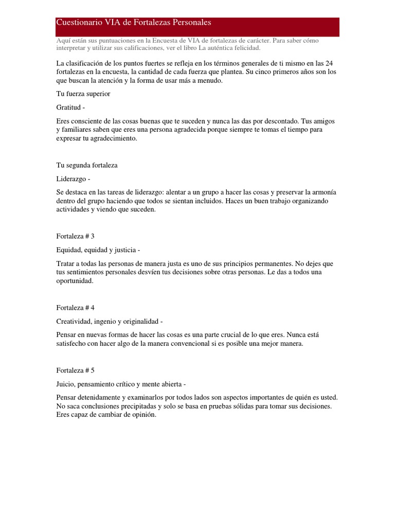 Cuestionario VIA de Fortalezas Personales | PDF
