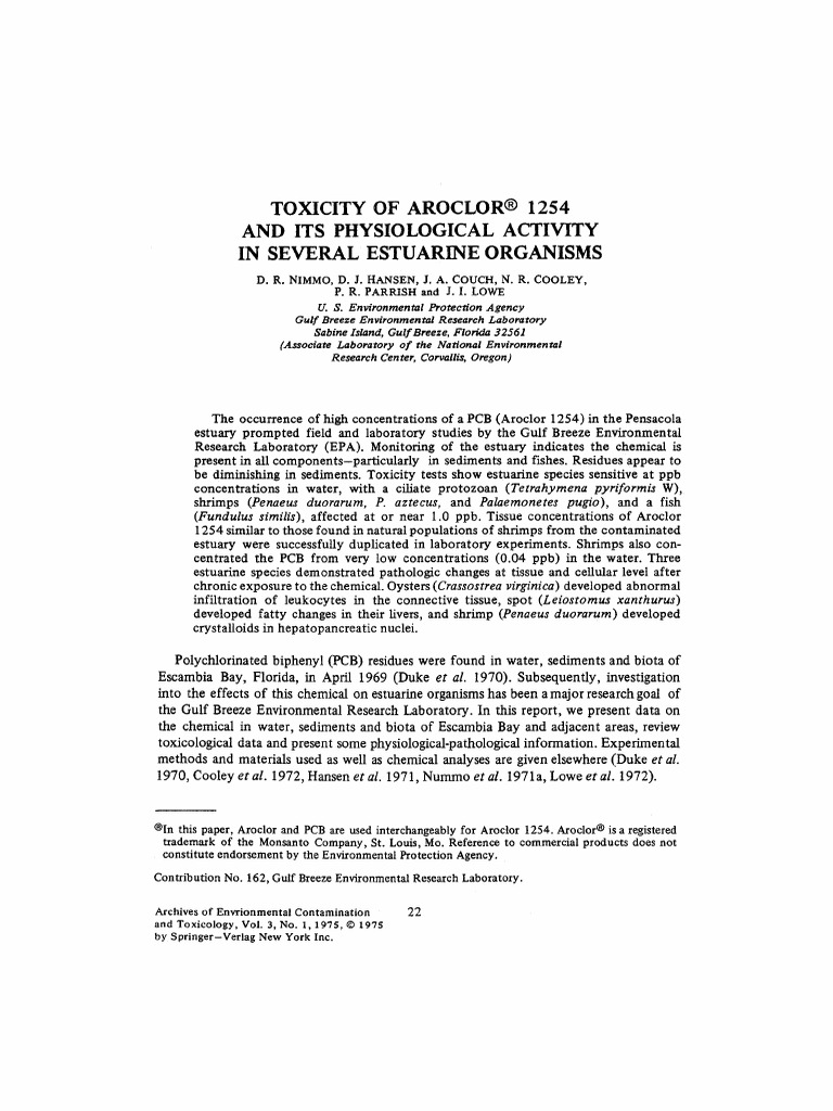 Toxicity of Aroclor - 1254 and Its Physiological Activity in Several ...