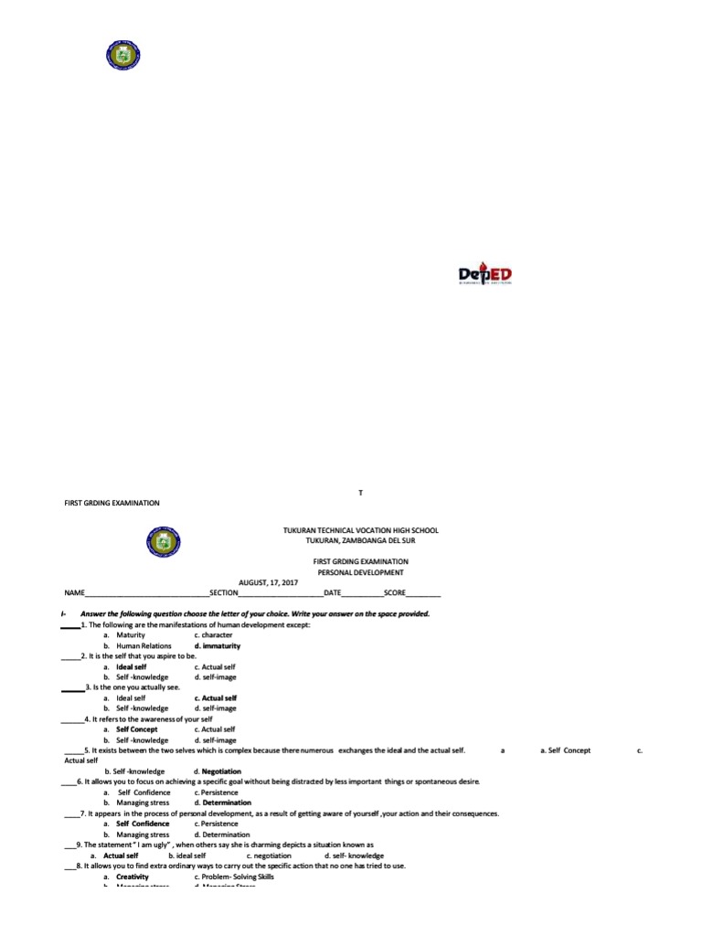 1st Grading Exam Perdev With Tos | PDF | Self | Stress (Biology)