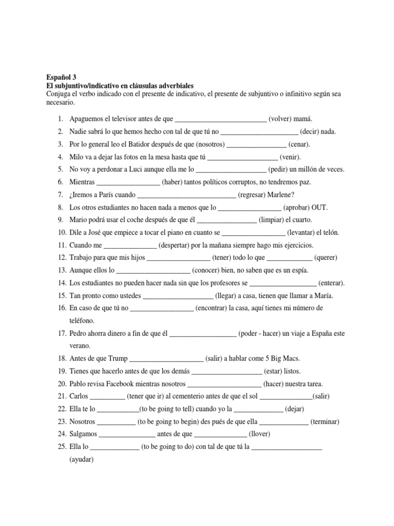 Práctica II - El Subjuntivo:indicativo en Cláusulas Adverbiales | PDF ...