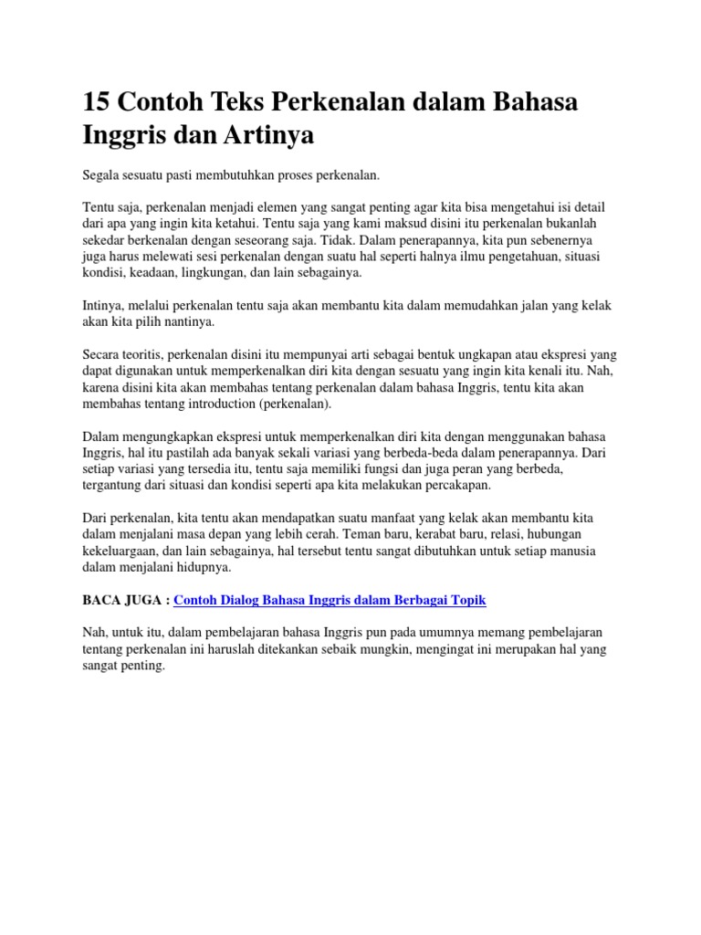 15 Contoh Teks Perkenalan Dalam Bahasa Inggris Dan Artinya | PDF