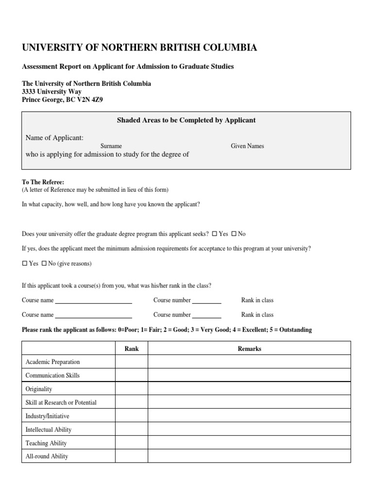 University of Northern British Columbia: Assessment Report On Applicant ...