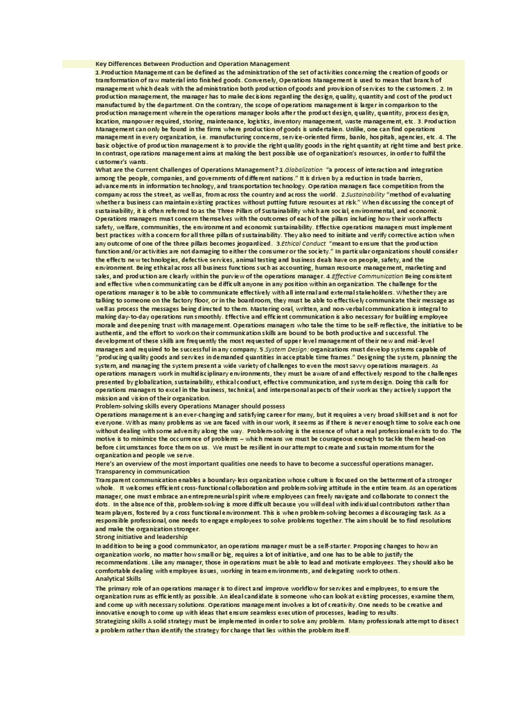 Key Differences Between Production and Operation Management | PDF ...