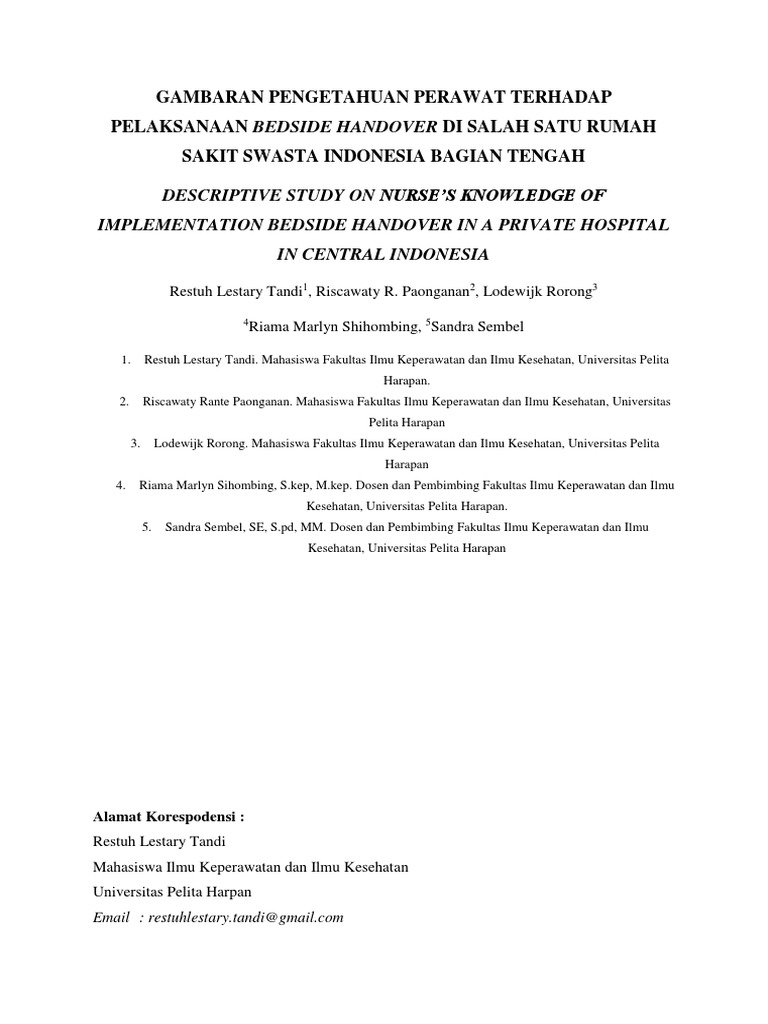 Manuskrip Gambaran Tingkat Pengetahuan Perawat Terhadap Pelaksanaan Bedside Handover Di Salah ...