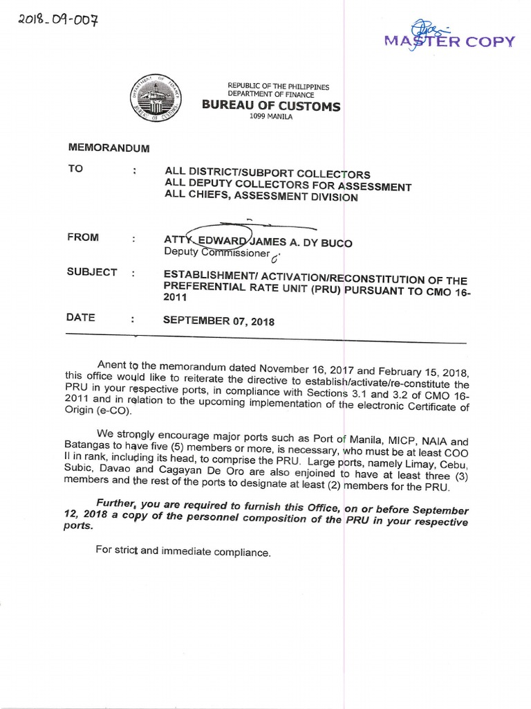 Bureau of Customs Memo - Establishment Activation Reconstitution of The Preferential Rate Unit | PDF