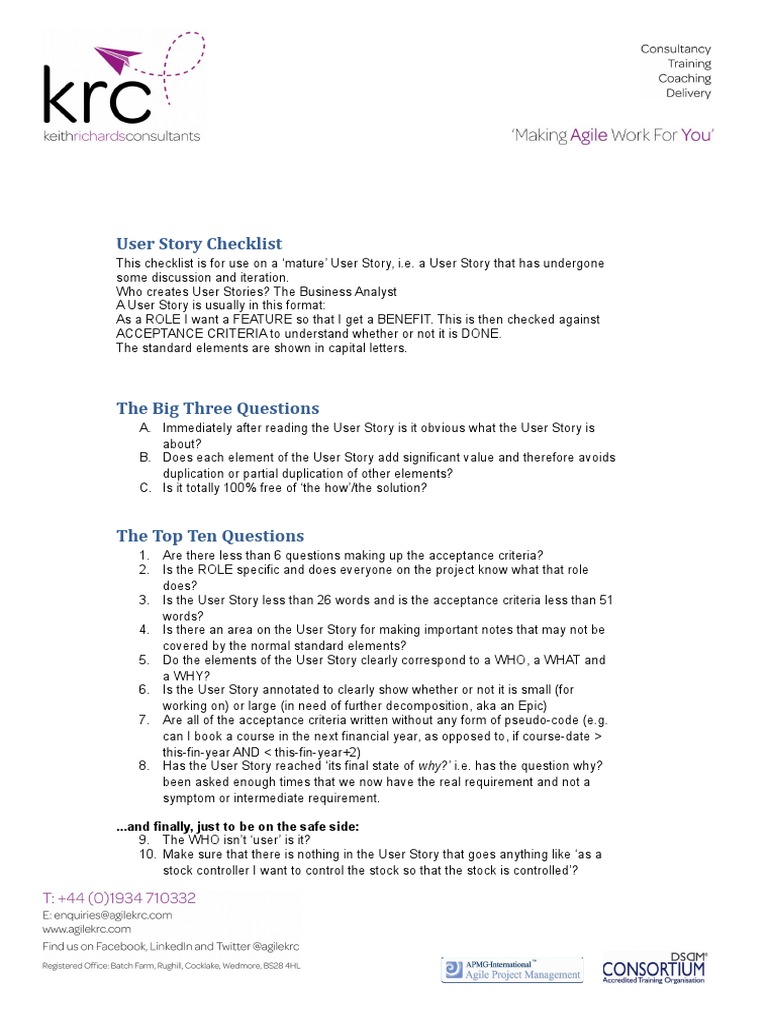 User Story Checklist: ... and Finally, Just To Be On The Safe Side | PDF