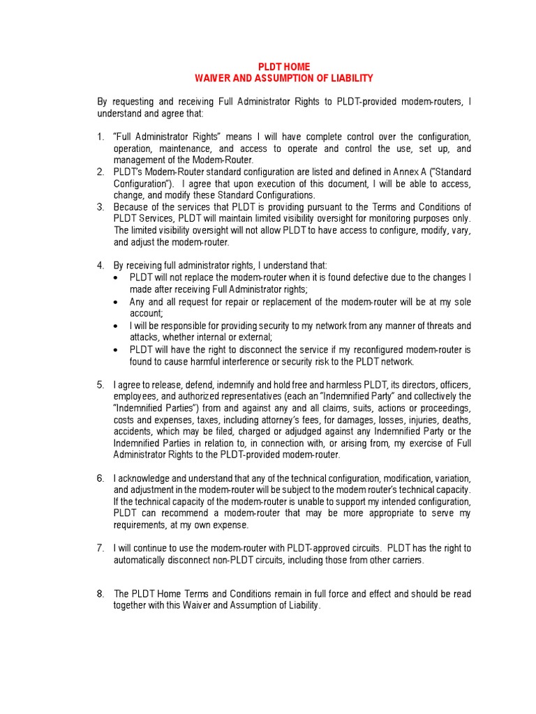 PLDT Acceptance of Liability Waiver | Download Free PDF | Indemnity ...