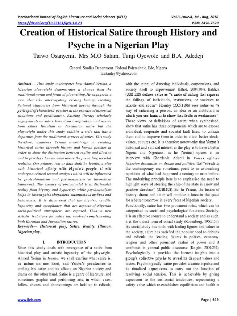 Historical Satire in Ahmed Yerima's Play | PDF | Satire | Psychology