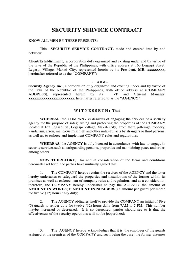 Security Service Contract Format | PDF | Legal Liability | Government ...