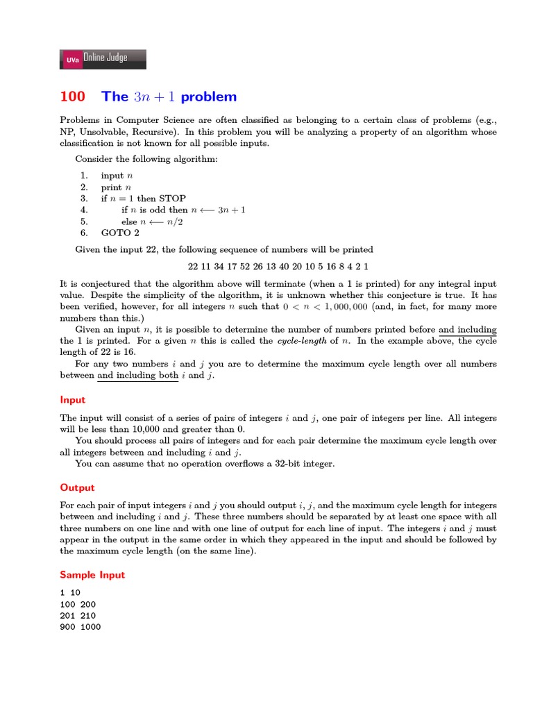 The 3n + 1 Problem: Input | PDF