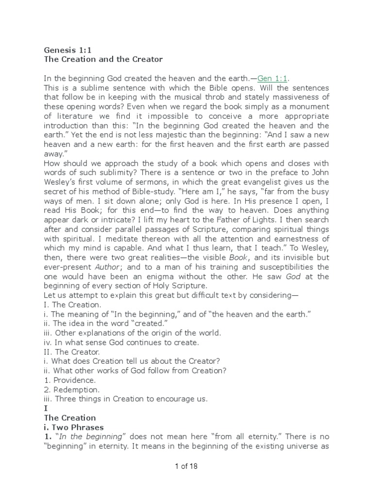 Genesis 1:1 The Creation and The Creator | PDF | Pantheism | Genesis ...