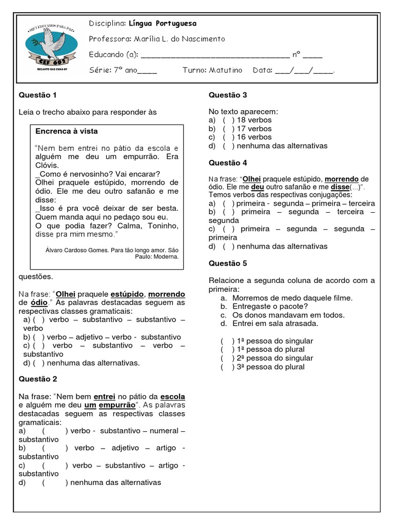 Lista de Exercícios - Verbos - 7º Ano | PDF | Substantivo | Plural