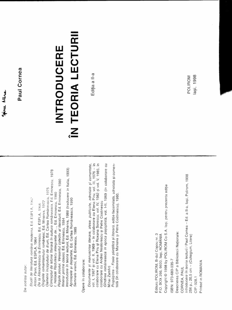 Paul Cornea Introducere in Teoria Lecturii | PDF