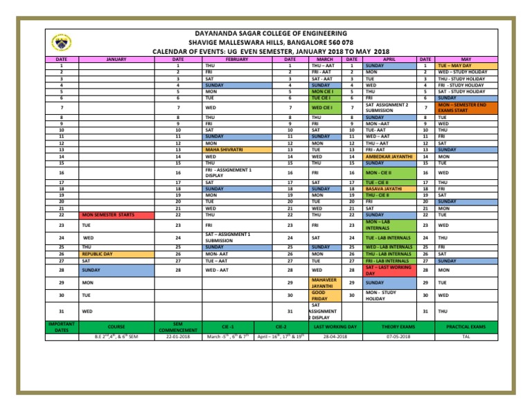 Calendar of Academic Events for Undergraduate Even Semester from ...